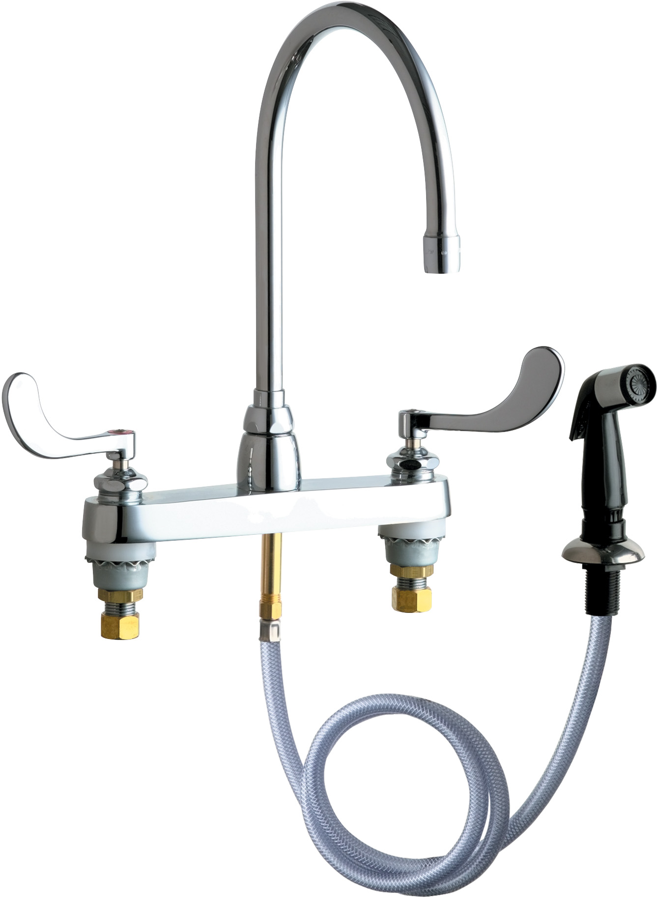 Deck-mounted manual faucet, 8" centers, with side spray | Chicago Faucets